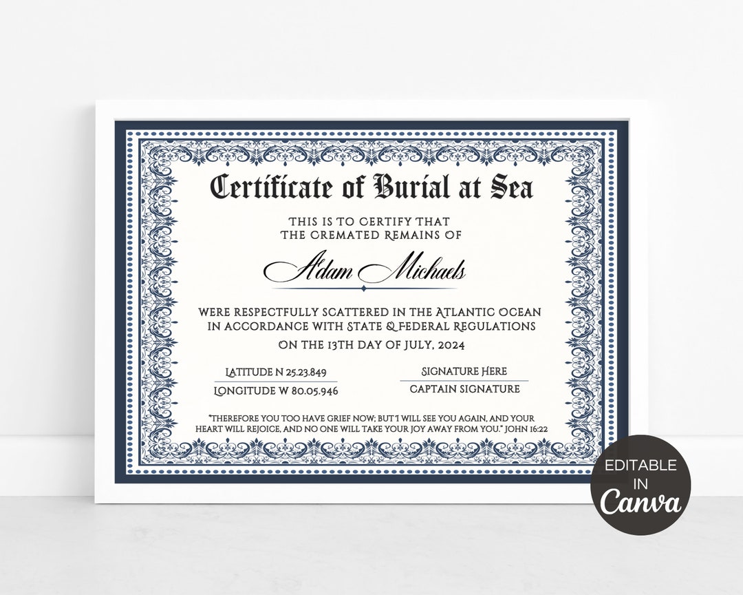 Certificate of Burial at Sea Template, Editable Burial at Sea ...