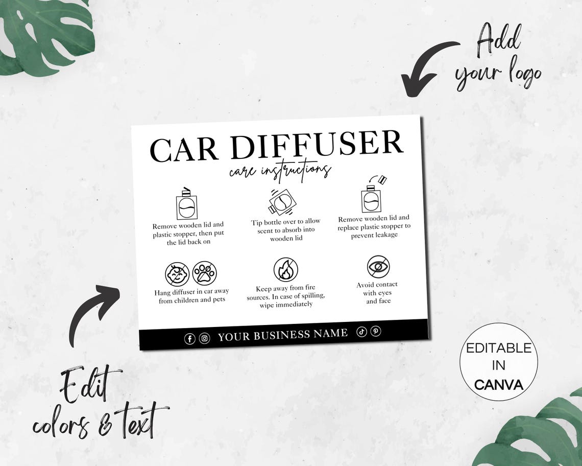 Car Diffuser Care Card, Printable Diffuser Instructions Cards, Editable ...