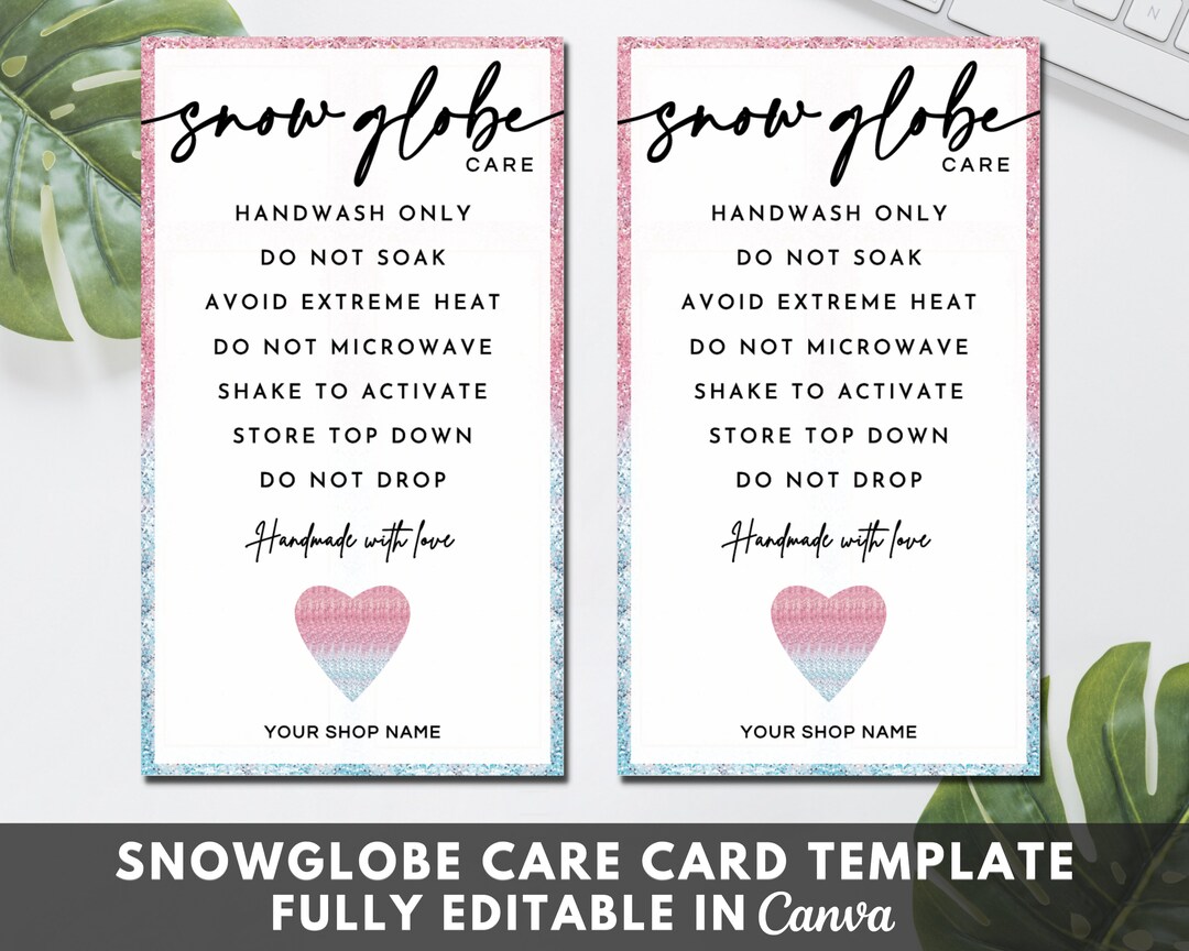 Snow Globe Care Card, Printable Snowglobe Tumbler Care Cards, Editable ...