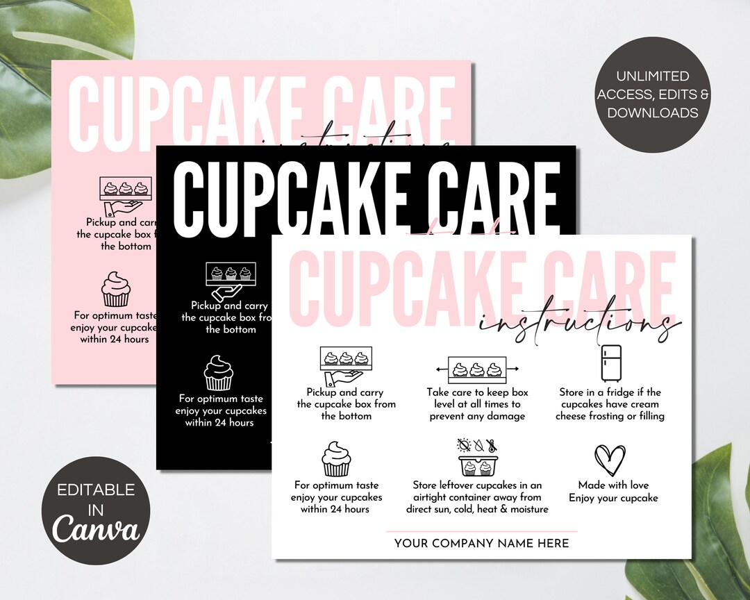 Cupcake Care Card Template, Editable Cupcake Care Instructions ...