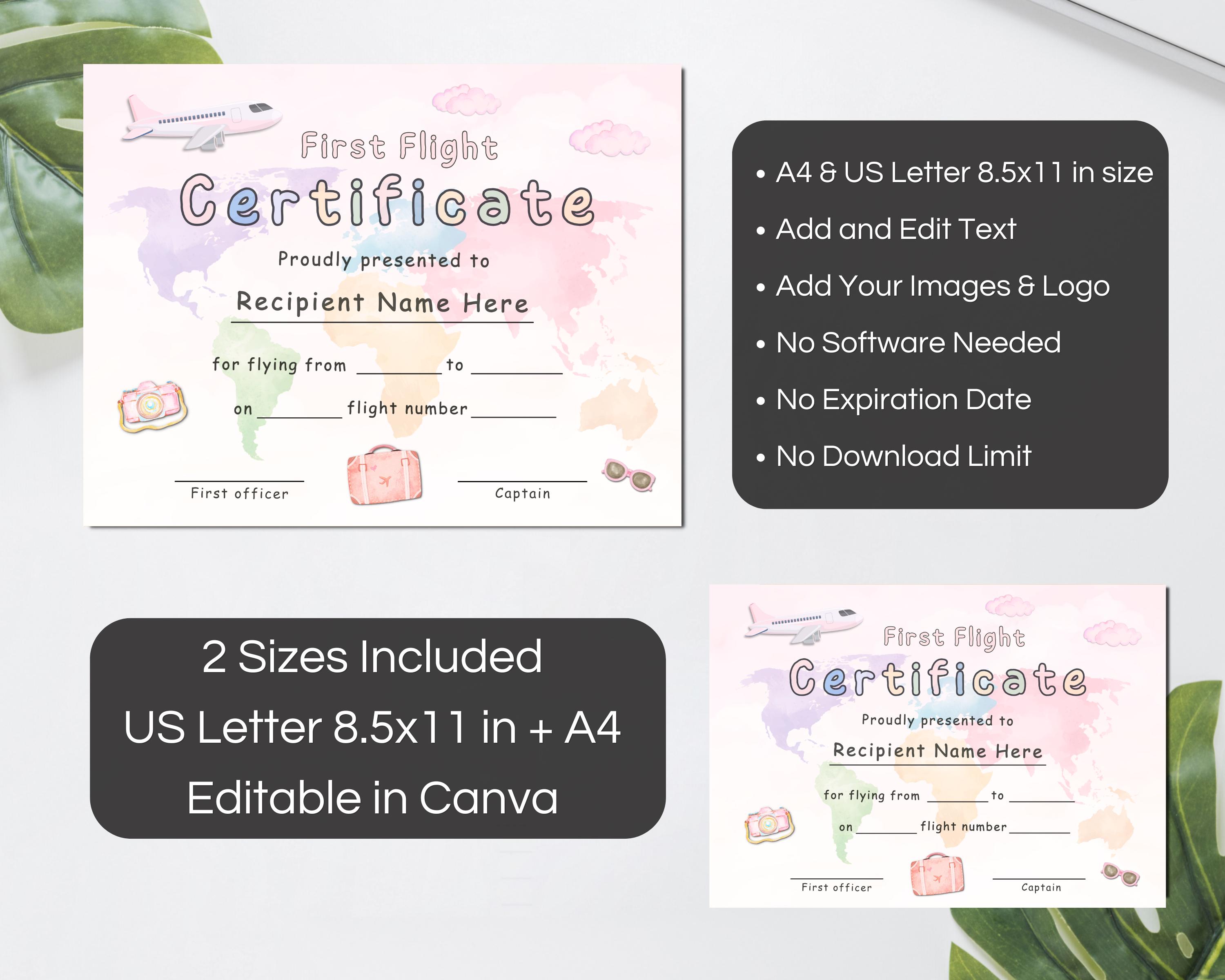 First Flight Certificate for Kids, Printable Toddler's Firstflight ...