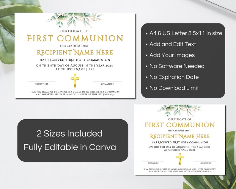 First Communion Certificate, Editable Religious Church Certificate ...