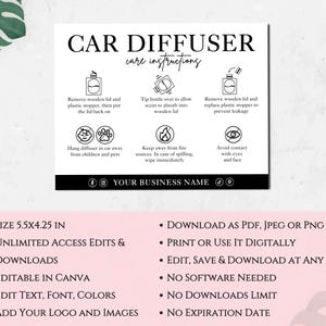 Car Diffuser Care Card, Printable Diffuser Instructions Cards, Editable ...