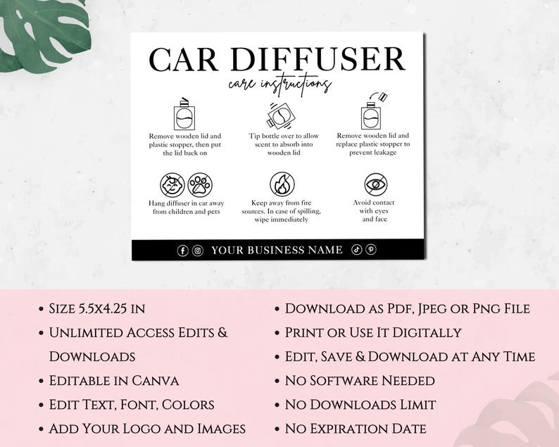 Car Diffuser Care Card, Printable Diffuser Instructions Cards, Editable ...