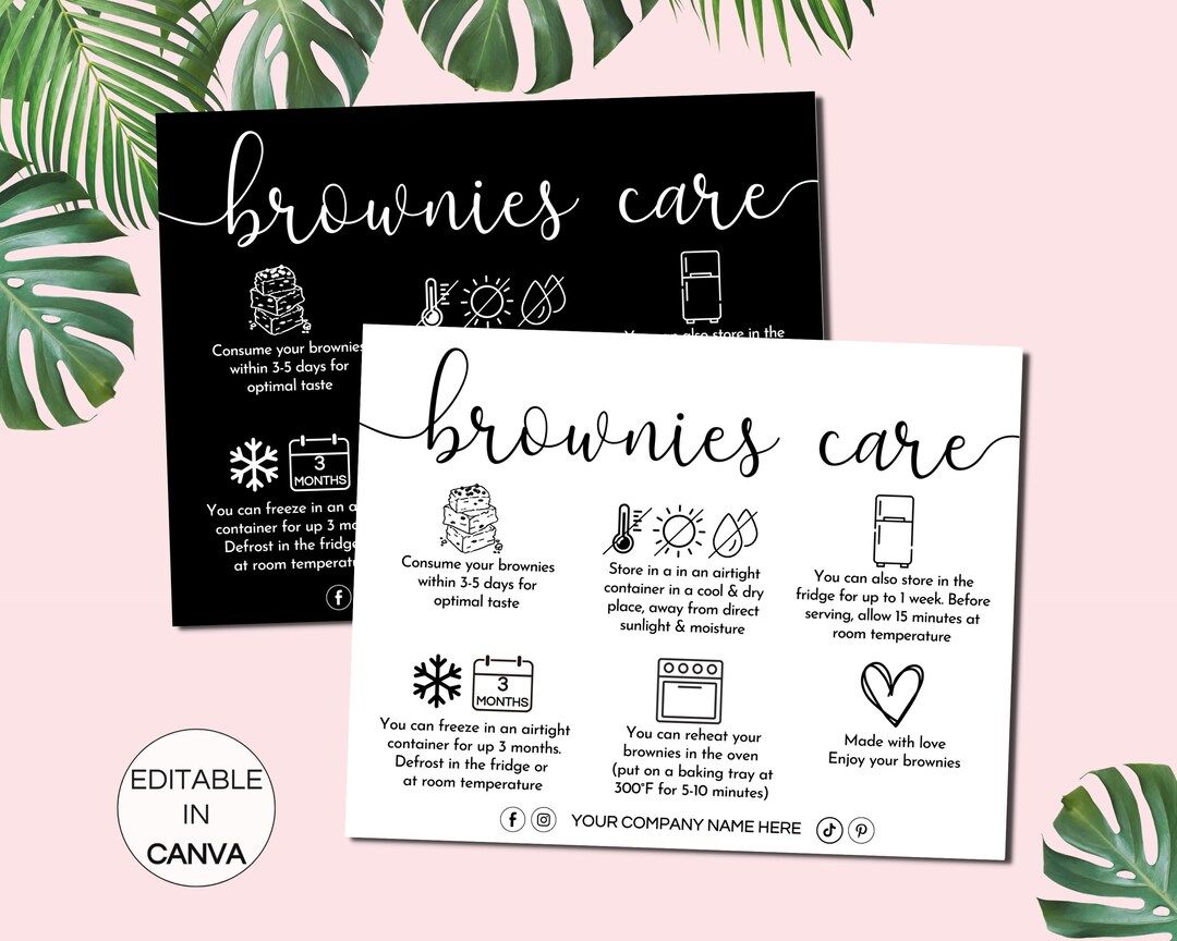 Editable Brownies Care Card Template, Printable Brownie Care Instructions, Brownies Order Insert ...