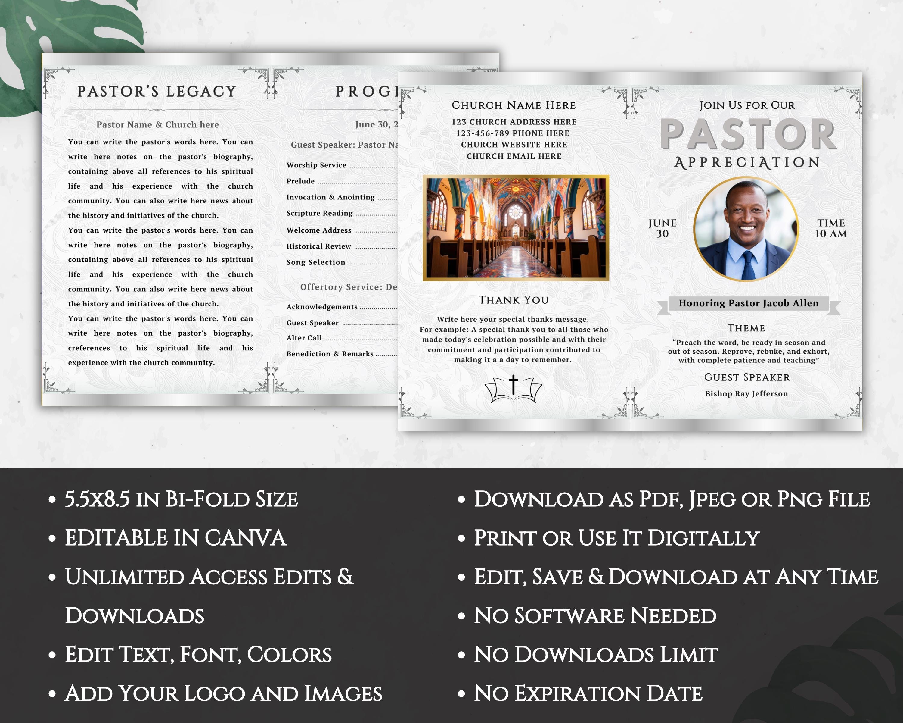 Pastor Appreciation Program Template, Editable Pastor Installation ...