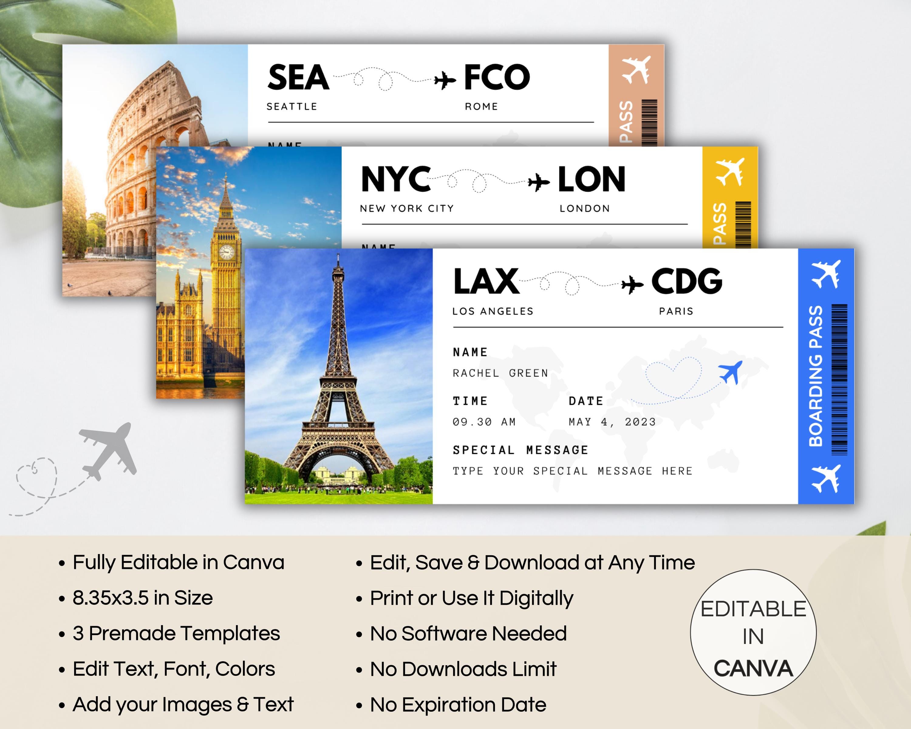 Boarding Pass Template, Editable Surprise Trip Airline Ticket ...