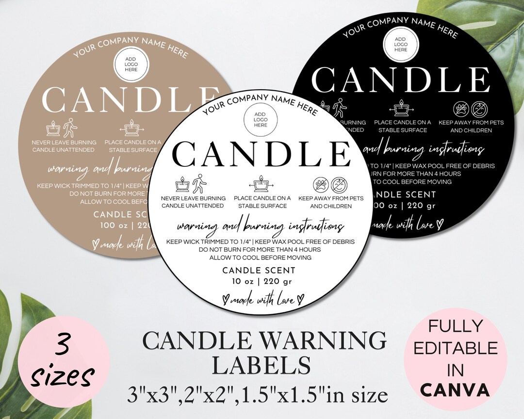 Candle Warning Label, Printable Candles Warning Sticker, Editable Canva ...