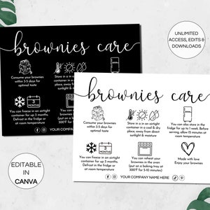 Editable Brownies Care Card Template, Printable Brownie Care Instructions, Brownies Order Insert ...