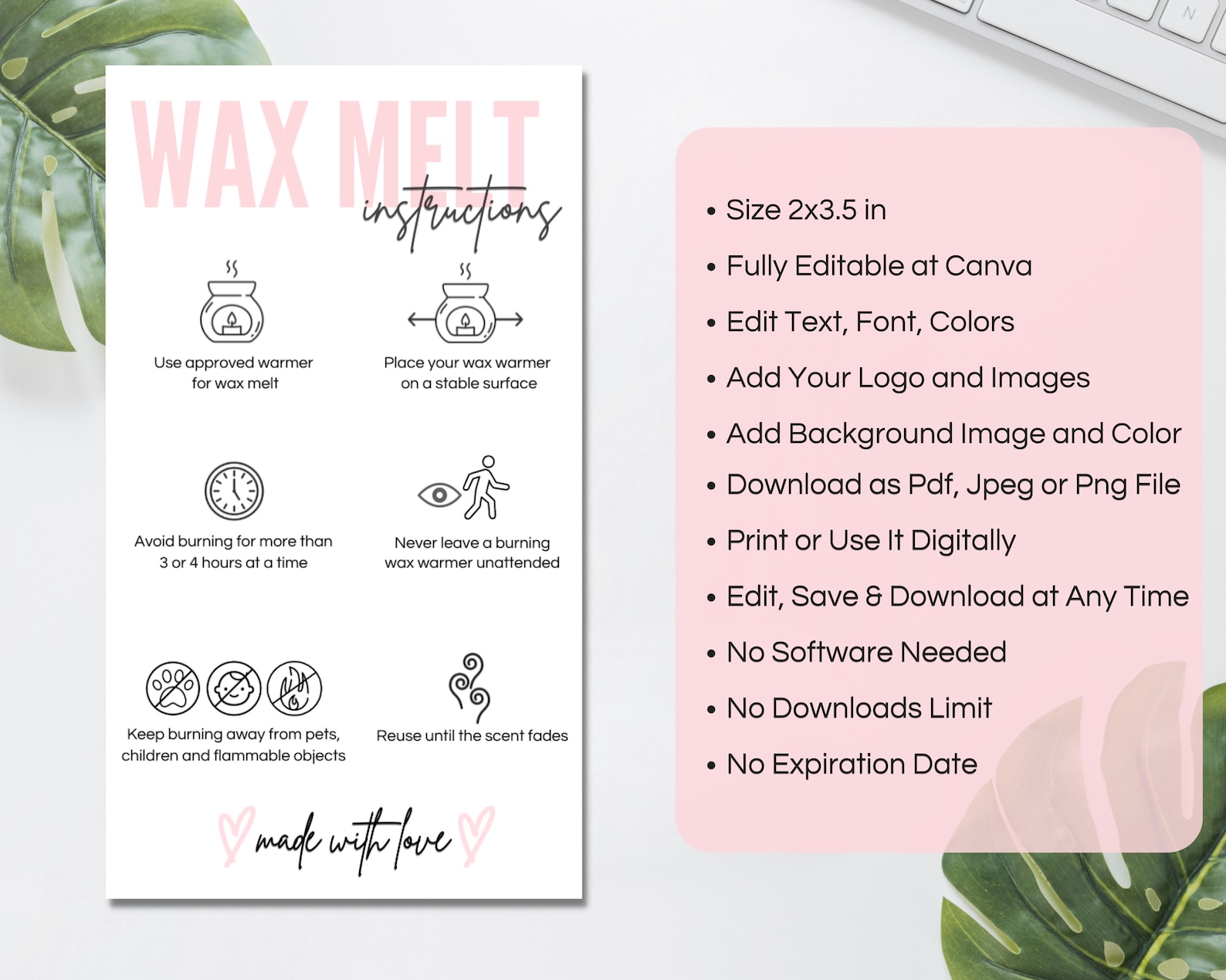 Wax Melt Care Card Template, Editable Wax Melt Care Instructions, Wax ...