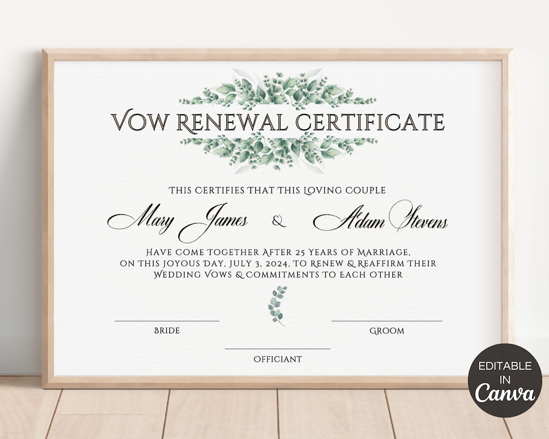 Vow Renewal Certificate, Editable Wedding Certificate Template ...