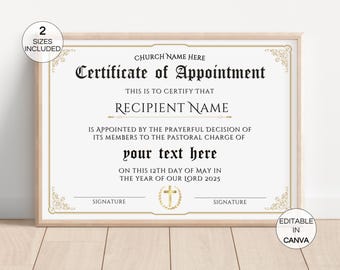 Editable Appointment Certificate, Printable Bishop Pastor Appointed ...