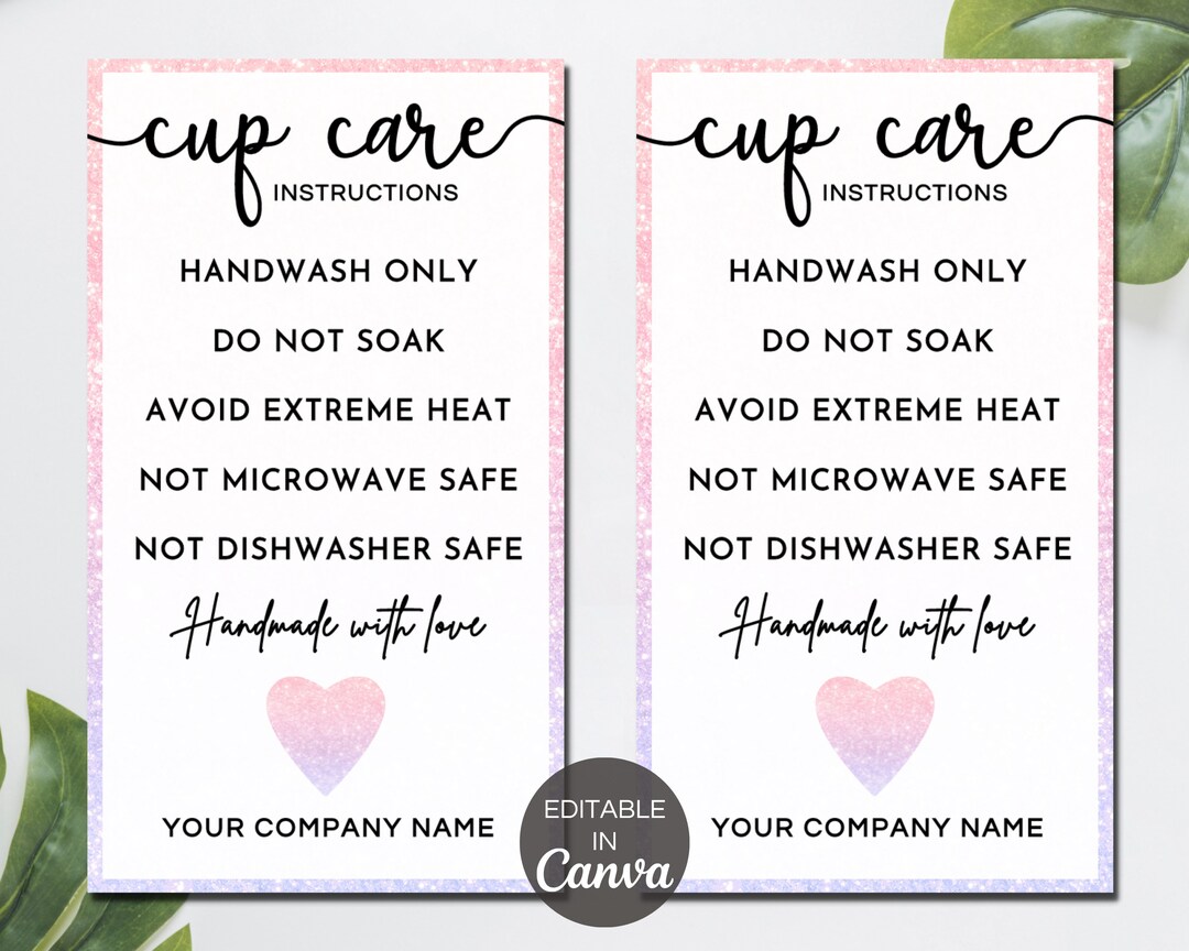 Cup Care Card Template, Editable Cup Care Cards, Printable Tumbler Care ...