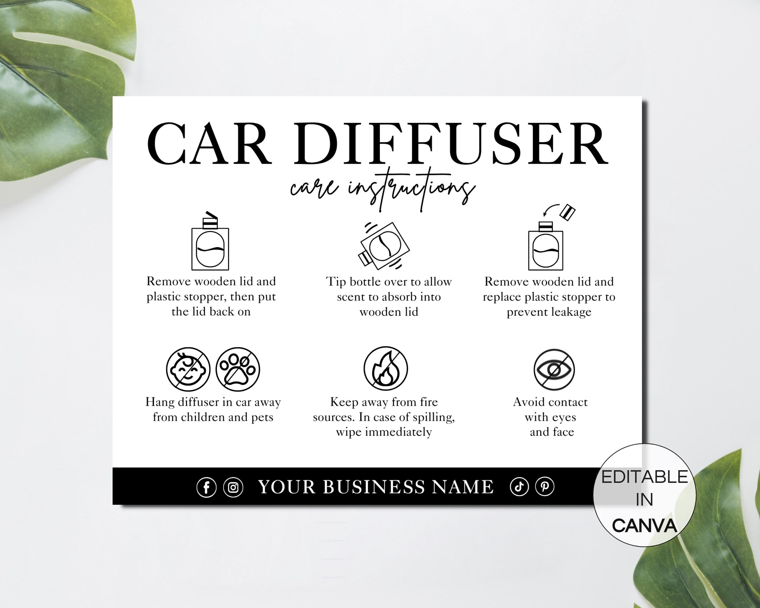 Car Diffuser Care Card, Printable Diffuser Instructions Cards, Editable ...