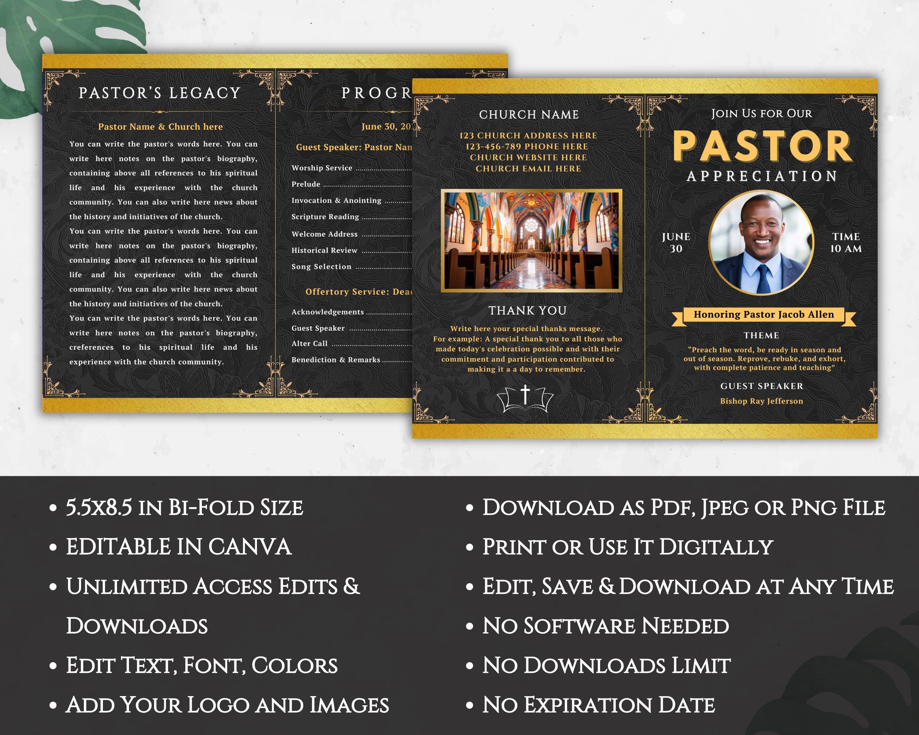 Pastor Appreciation Program Template, Editable Pastor Installation Bifold Brochure, Printable ...