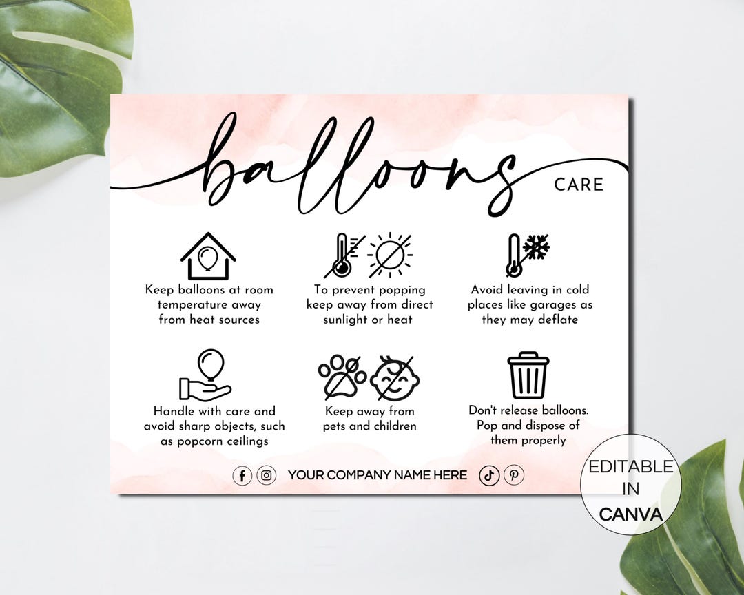 Balloon Care Card, Editable Balloons Care Instructions, Air Helium ...