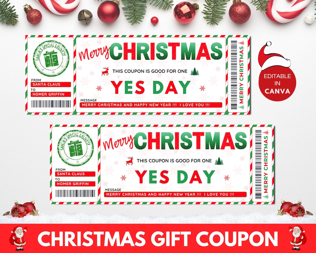 Editable Christmas Yes Day Coupon Template, Printable Yes Day Xmas Gift ...