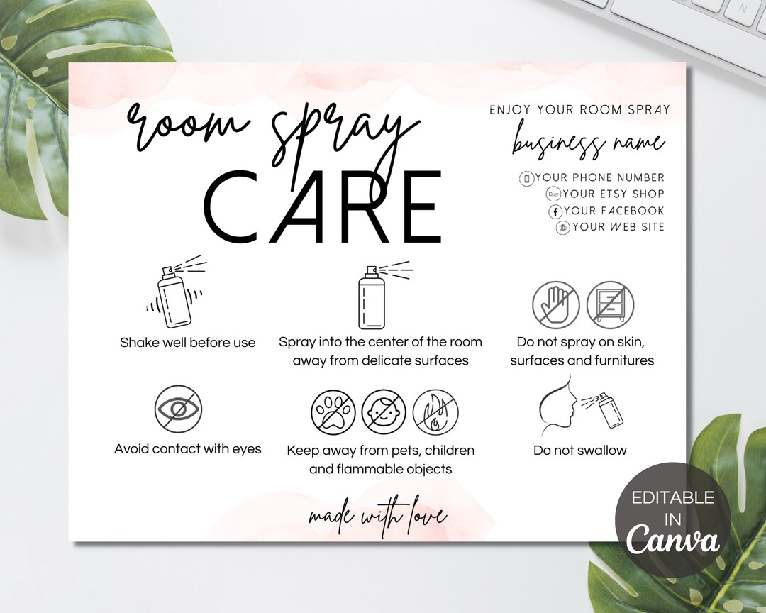 Room Spray Care Card, Editable Room Spray Care Instructions Card ...