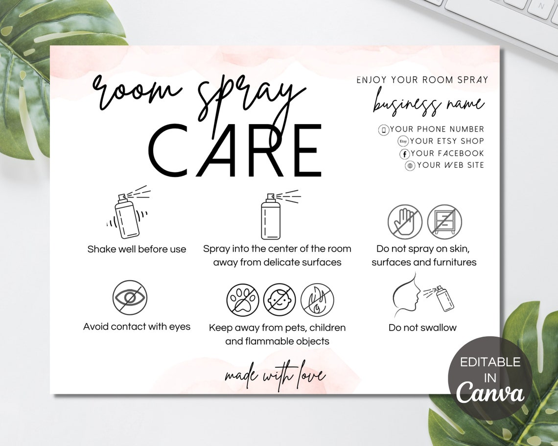 Room Spray Care Card Editable Room Spray Care Instructions - Etsy