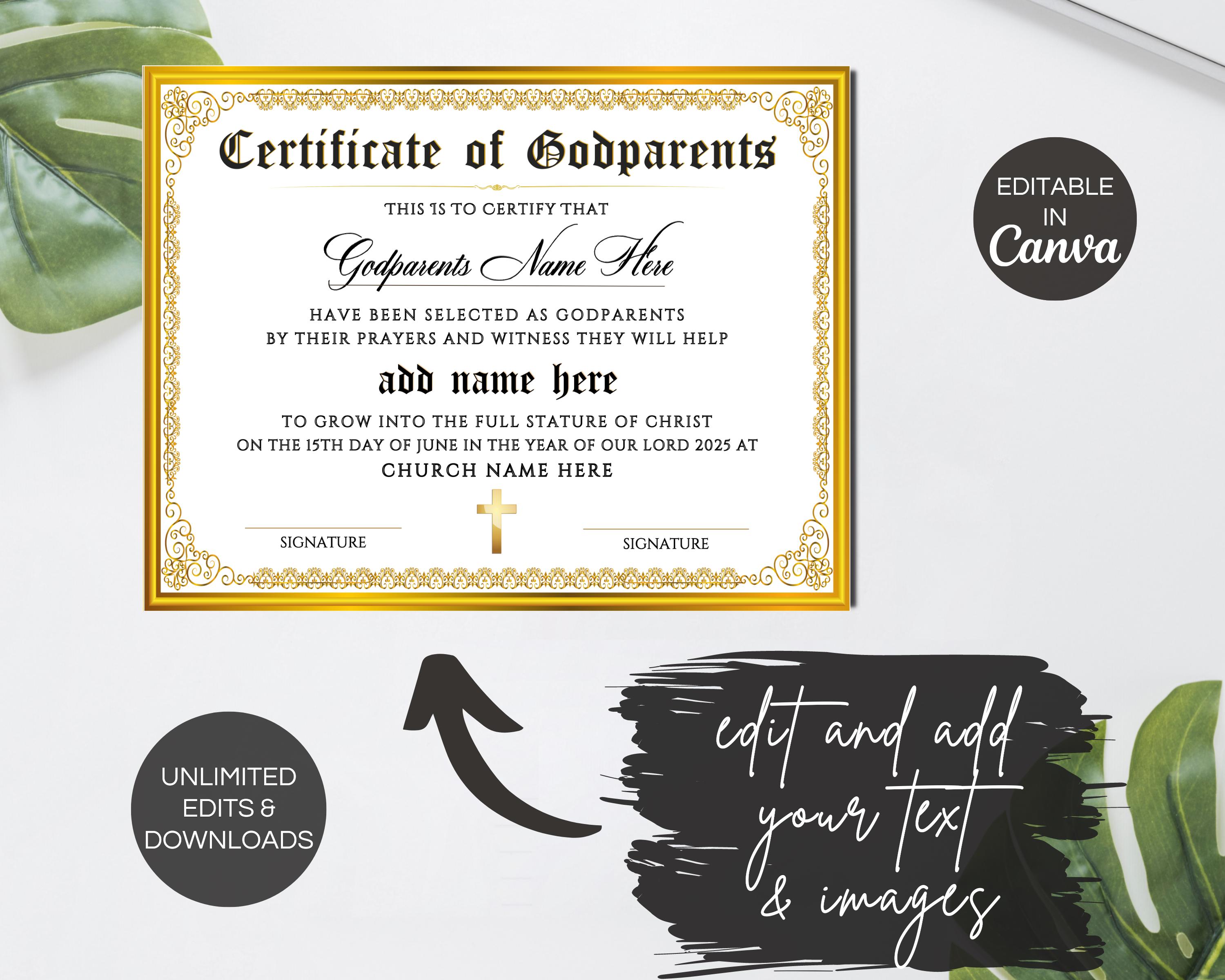 Certificate of Godparents Template, Editable Godparents Certificates ...