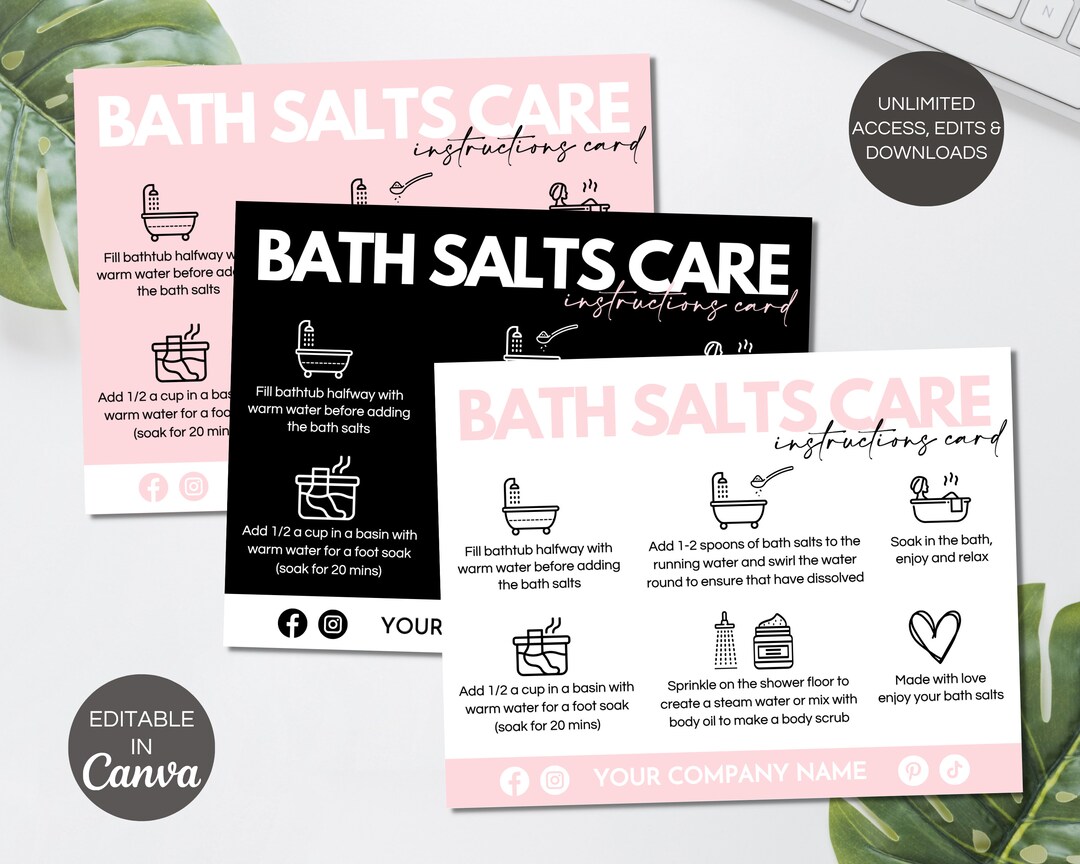 Editable Bath Salts Care Card, Printable Bath Soak Care Guide Template ...