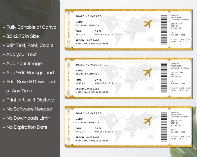 Boarding Pass Canva Template Editable Boarding Ticket Custom Etsy 