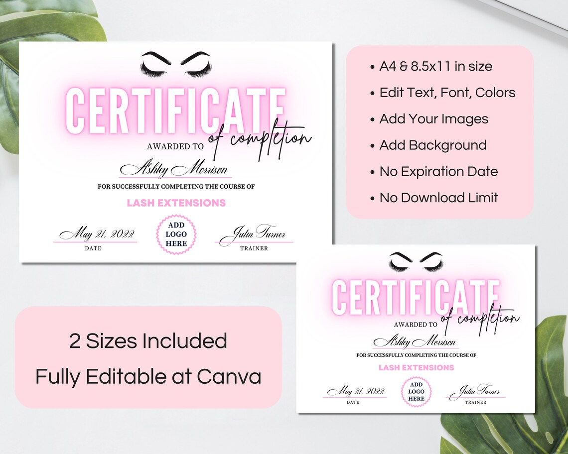 Lash Certificate of Completion Template Editable Lash | Etsy