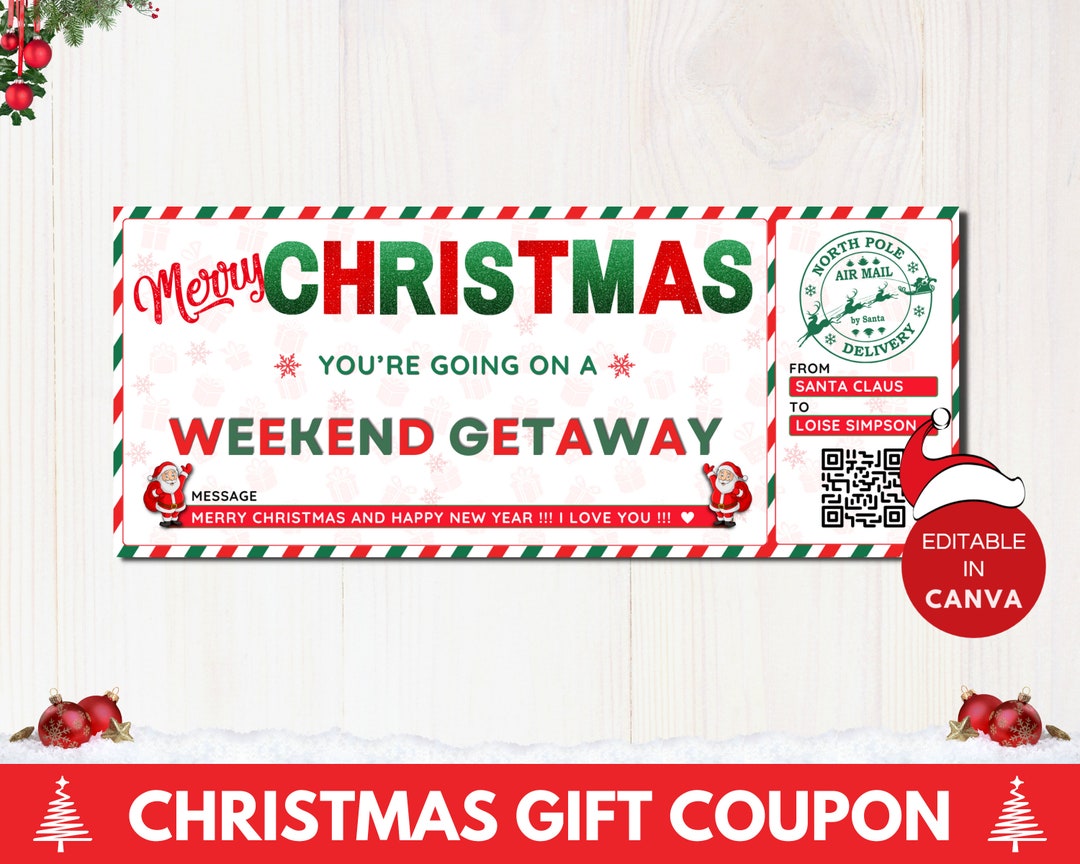 Christmas Weekend Getaway Gift Coupon, Printable Xmas Gift Voucher ...