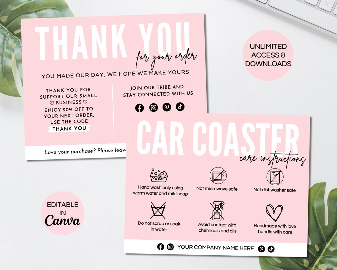 Editable Car Coaster Care Card, Printable Car Coaster Care Guide ...