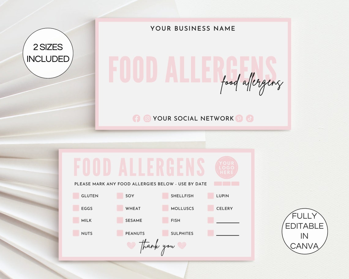 Food Allergens Card, Printable Allergen Checklist Cards, Bakery Allergy ...