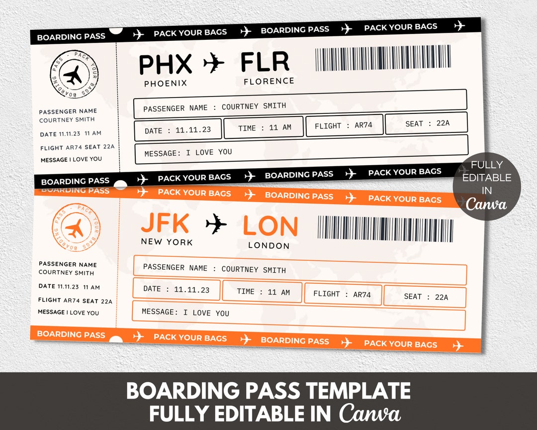 Boarding Pass Template, Editable Airline Ticket Canva, Printable Fake ...