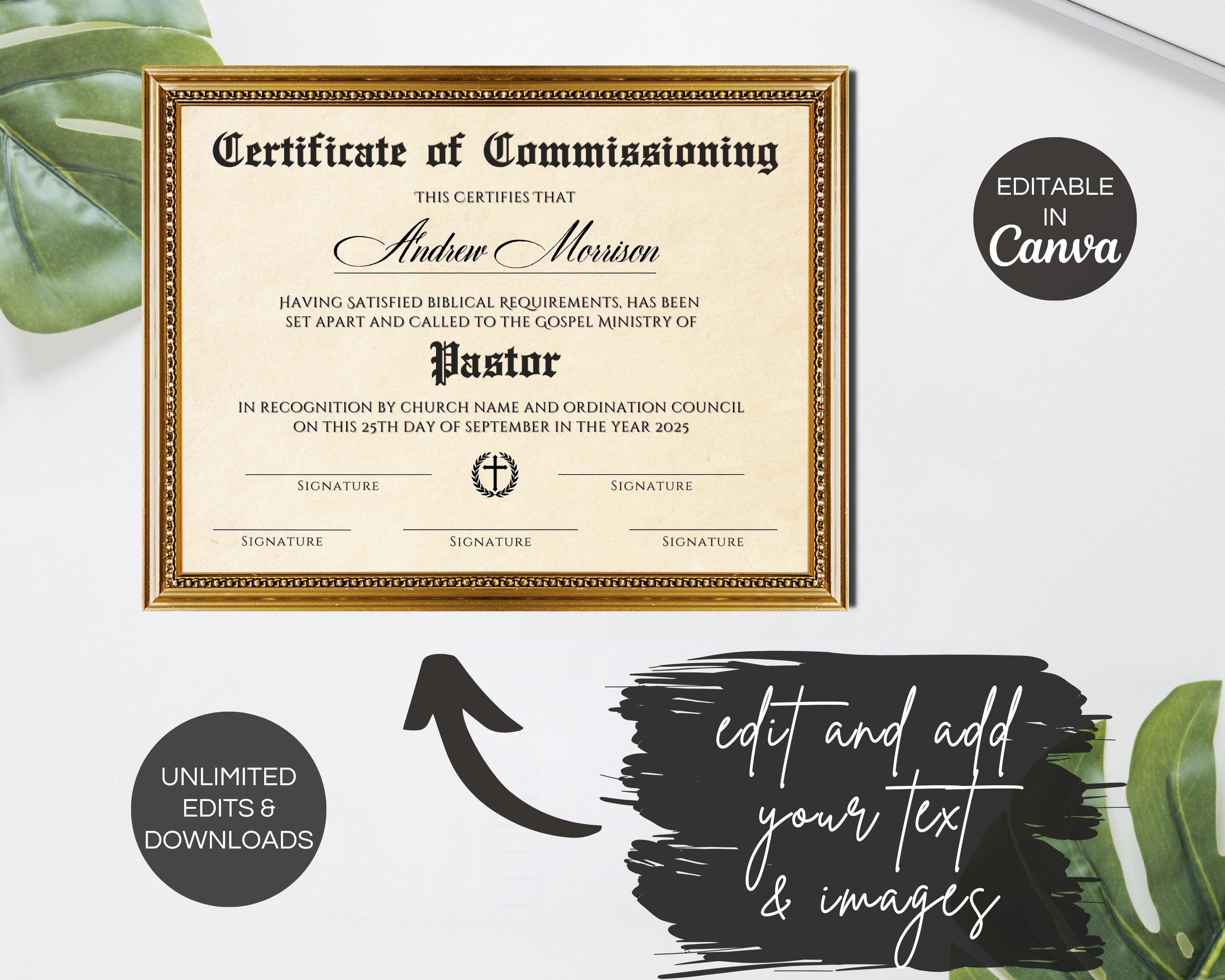 Pastor Commissioning Certificate, Editable Pastor Installation ...