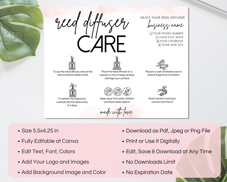 Reed Diffuser Care Instructions Card, Reed Diffuser Care Card Template ...