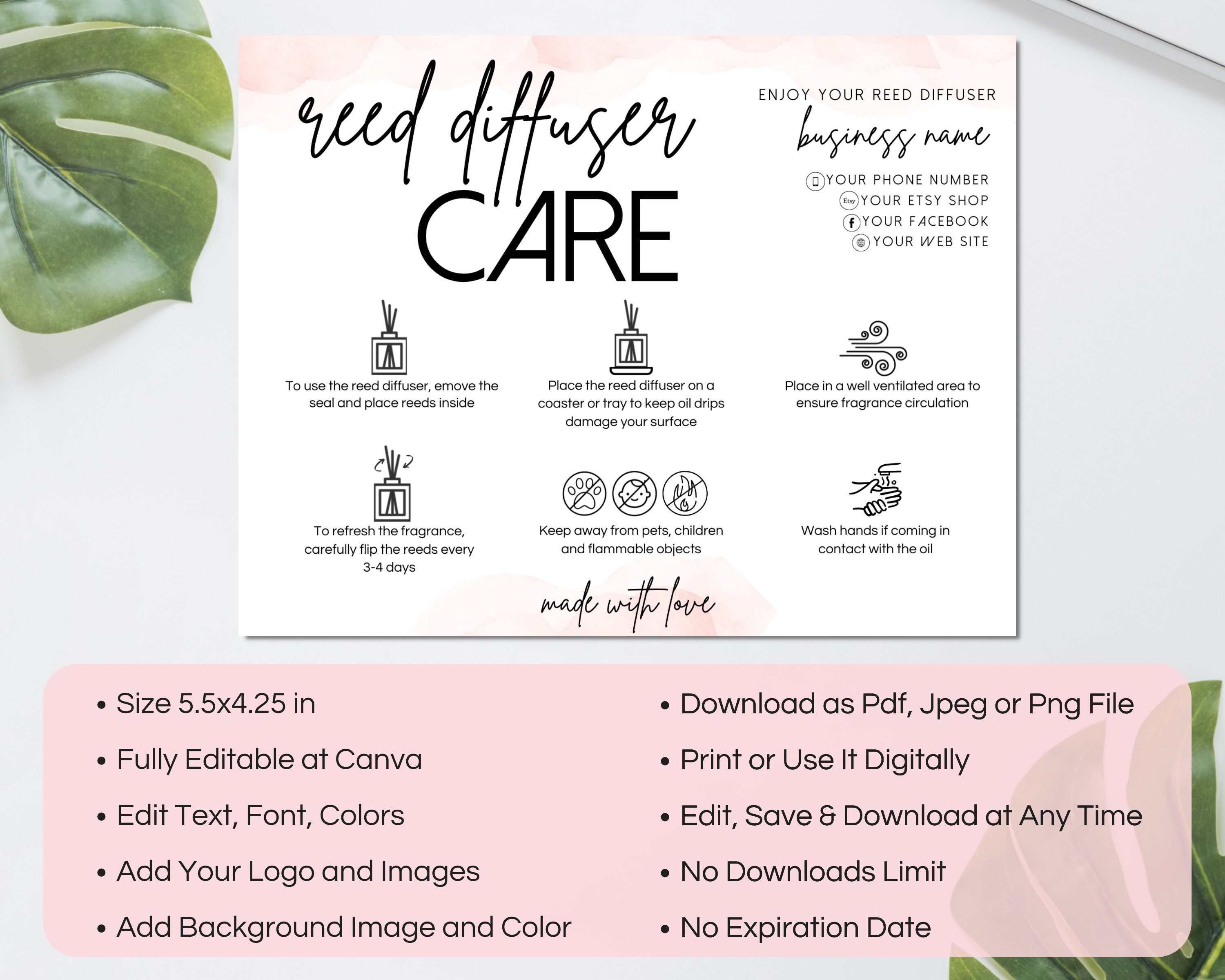 Reed Diffuser Care Instructions Card, Reed Diffuser Care Card Template ...