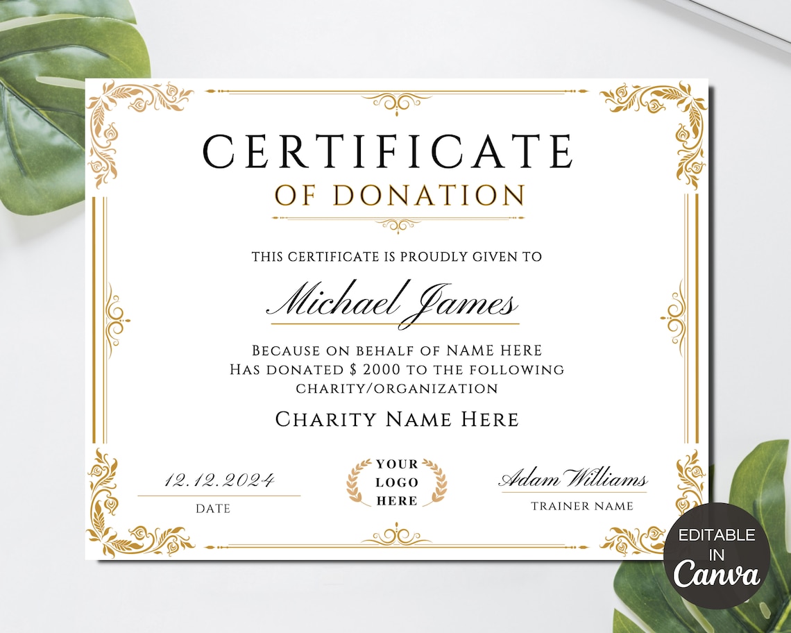 Certificate of Donation Template, Editable Donation Certificate ...