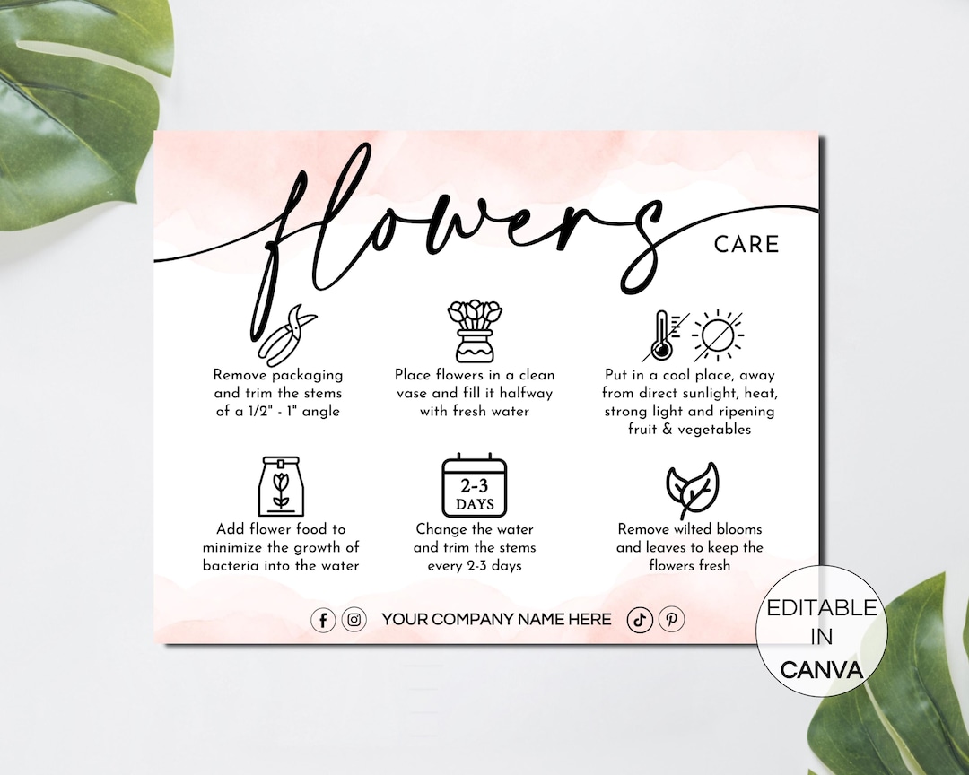 Flowers Care Card Template, Editable Bouquet Care Instructions ...