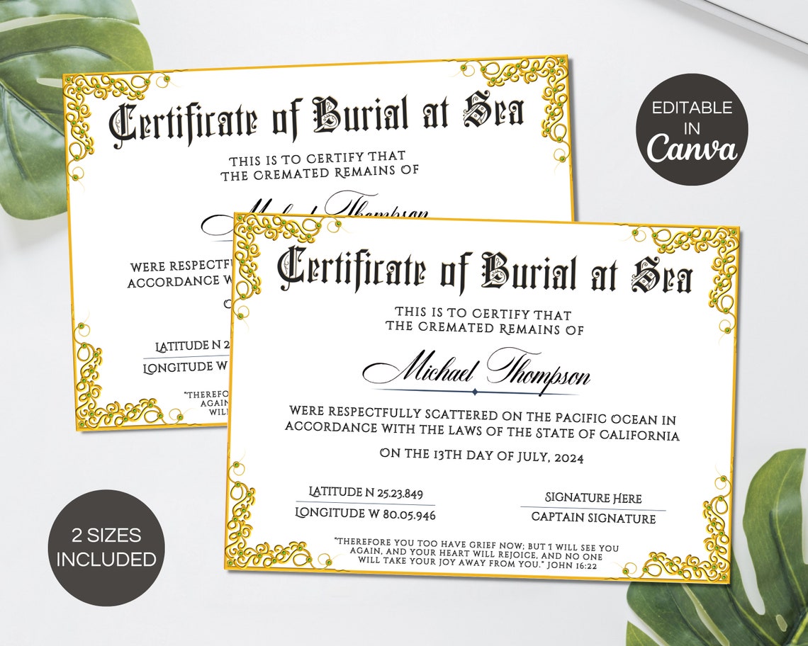 Editable Certificate of Burial at Sea Template, Printable Sea ...