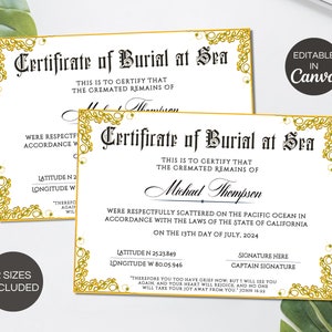 Editable Certificate of Burial at Sea Template, Printable Sea ...