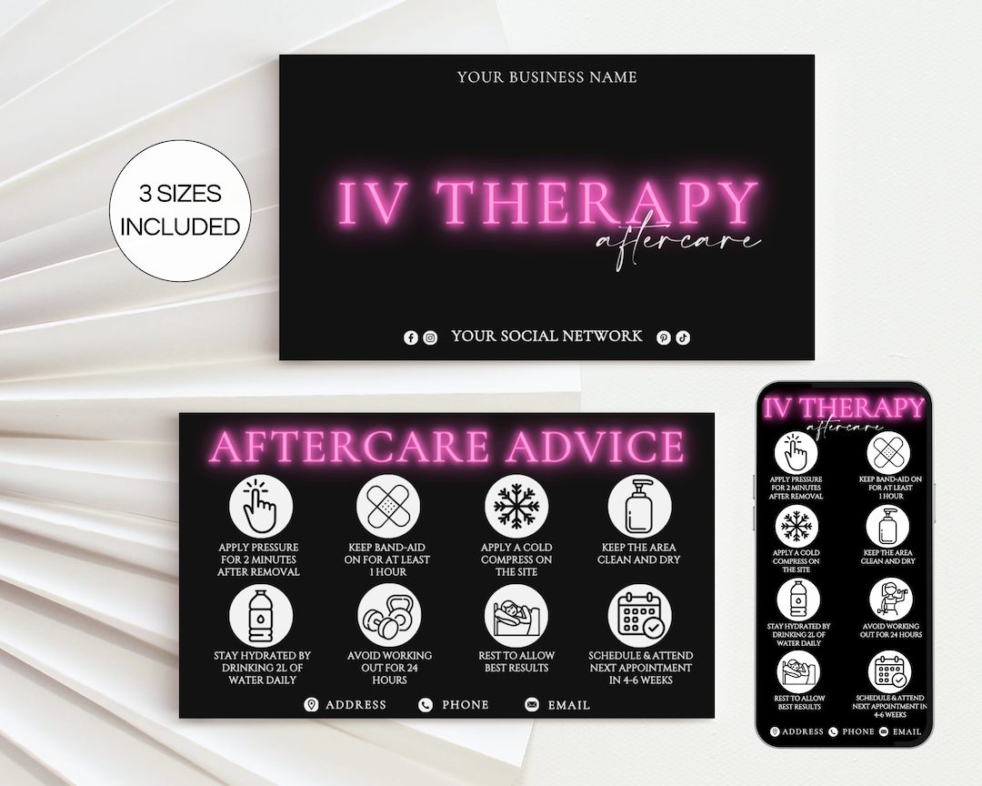 IV Therapy Aftercare Cards, Editable IV Hydration Care Card, Printable ...