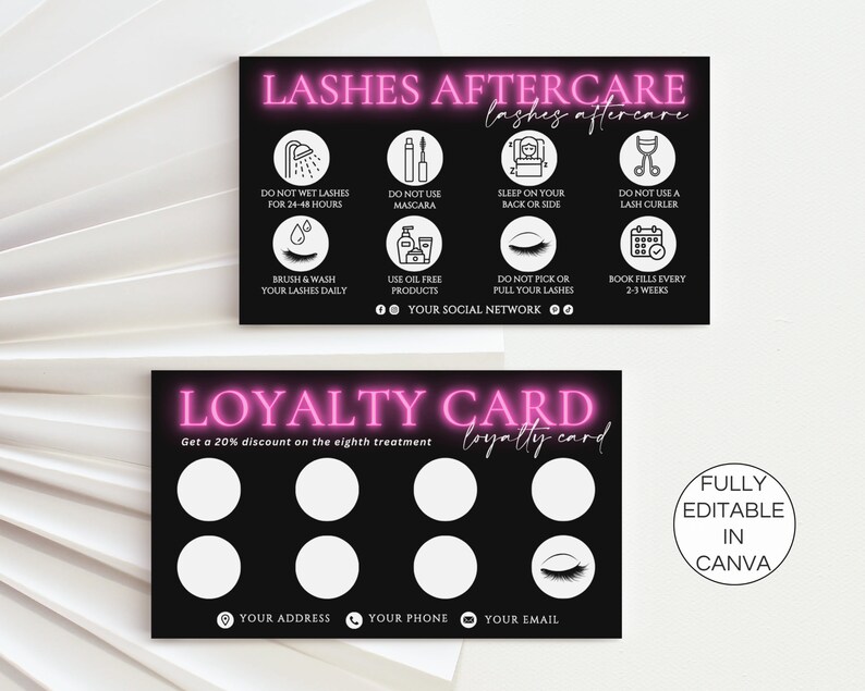 Lash Loyalty Cards, Editable Lash Aftercare Card Template, Printable ...