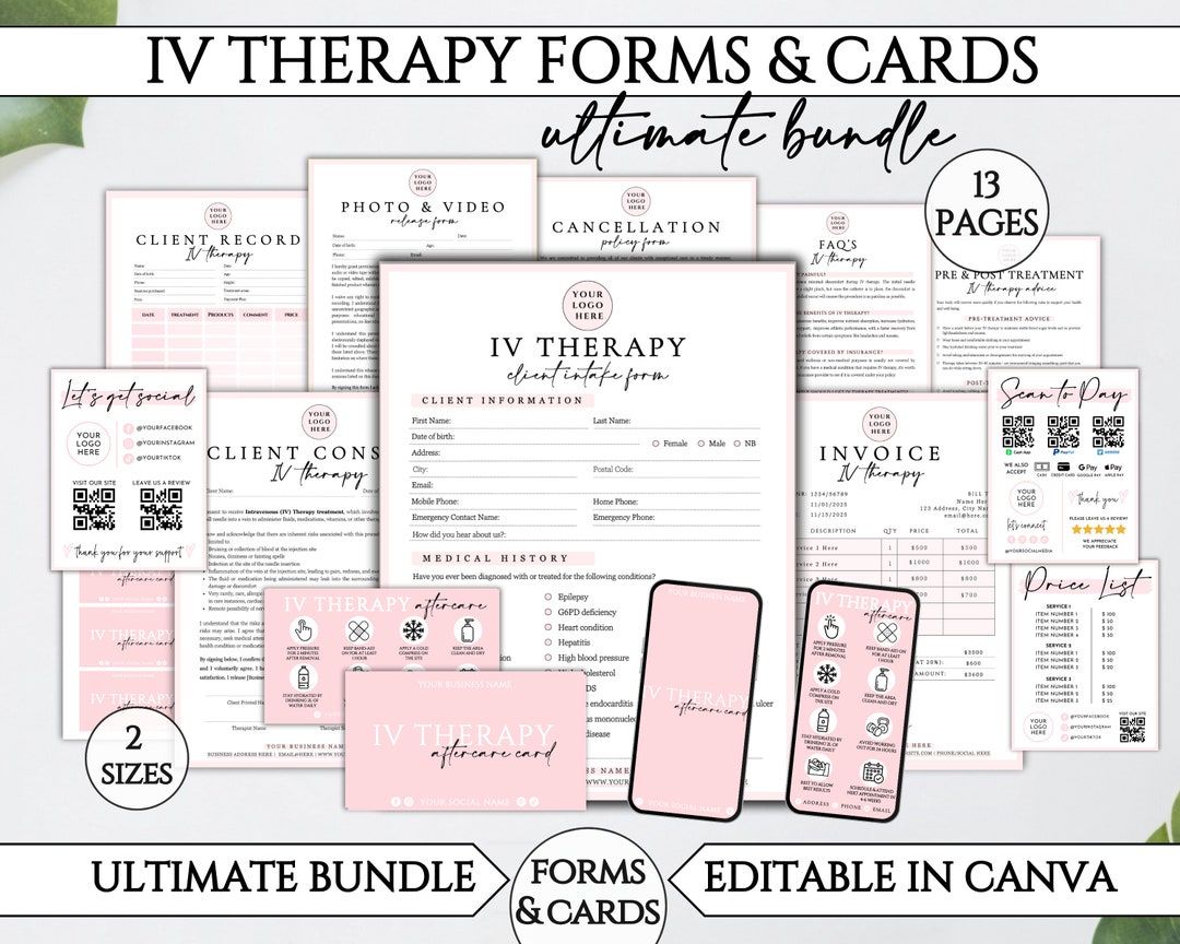 IV Therapy Client Intake Form Bundle, Editable IV Therapy Consent ...