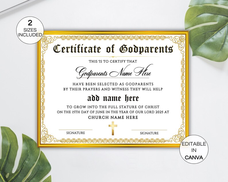 Certificate of Godparents Template, Editable Godparents Certificates ...