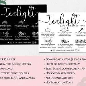 Tealight Candle Care Card, Editable Tea Lights Candles Care ...
