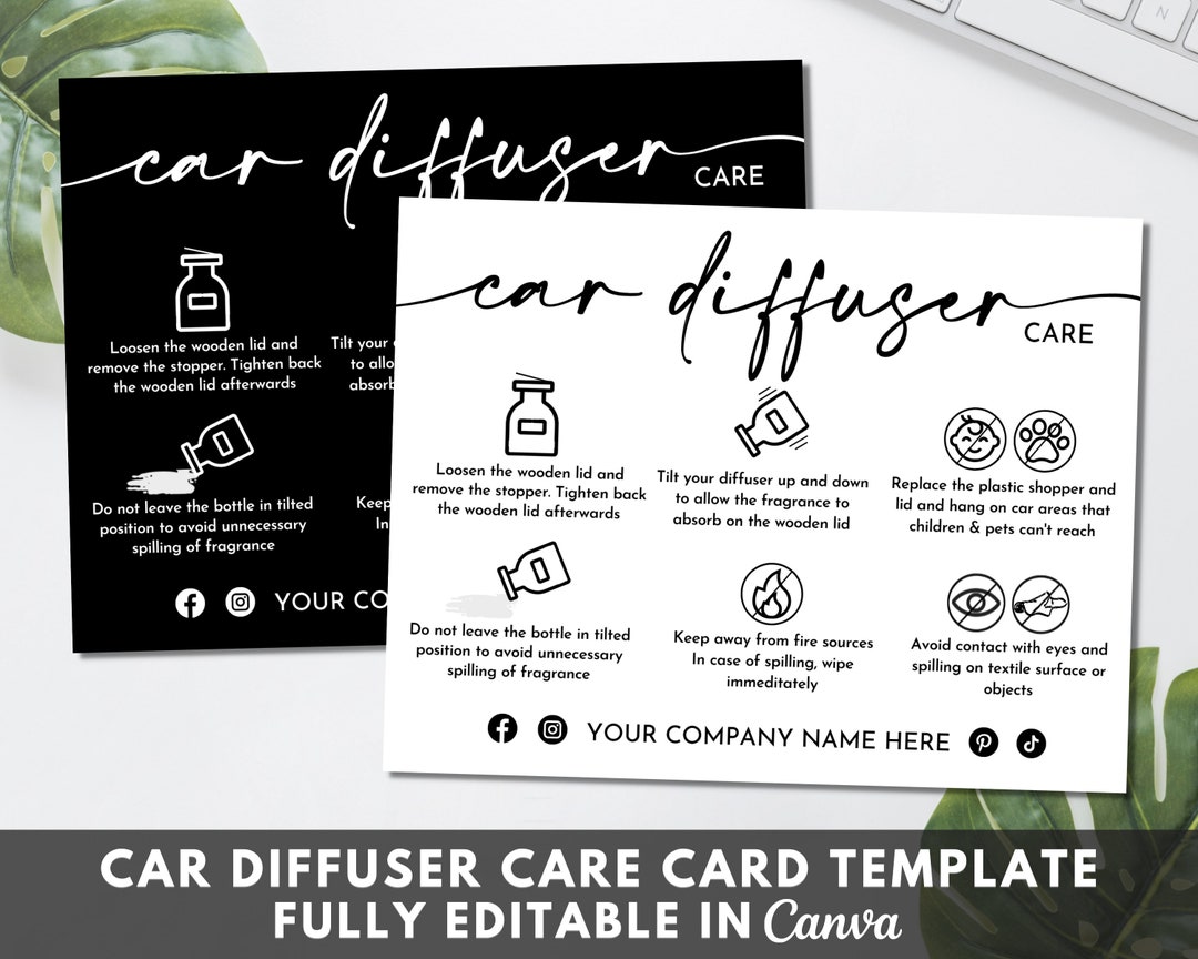 Editable Car Diffuser Care Card, Printable Car Diffuser Care Guide ...