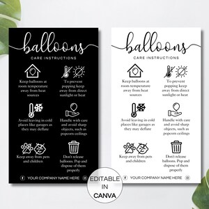 Balloon Care Card, Editable Balloons Instructions Cards, Air Helium ...