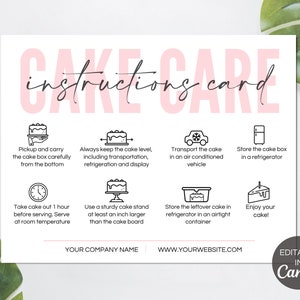 Cake Care Card Template, Printable Cake Care Guide, Editable Cake ...