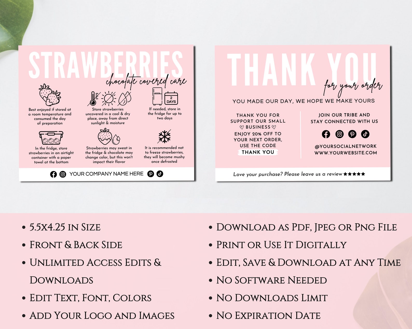 Chocolate Strawberries Care Card, Editable Dipped Strawberry Storage ...