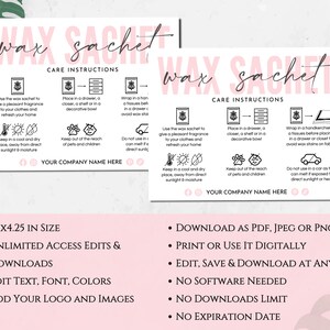 Wax Sachet Care Card Template, Editable Wax Sachet Care Instructions ...