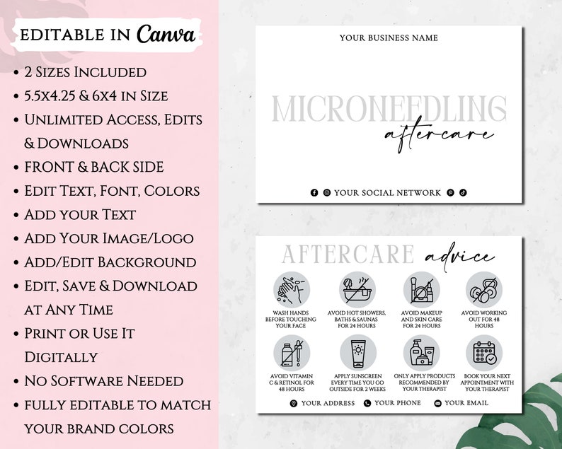 Microneedling Aftercare Card Template, Editable Microneedling After ...