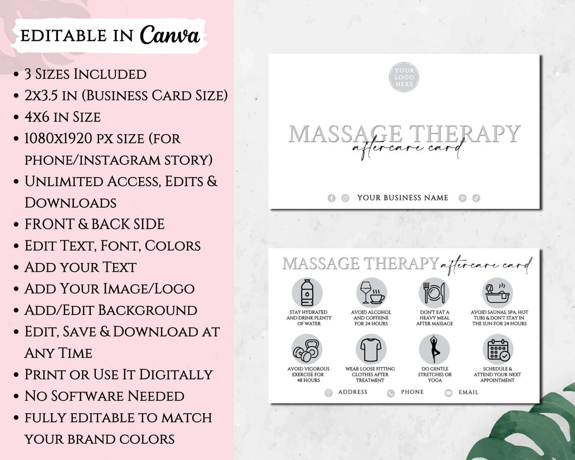 Massage Therapy Aftercare Card, Printable Massagetherapy Cards for ...